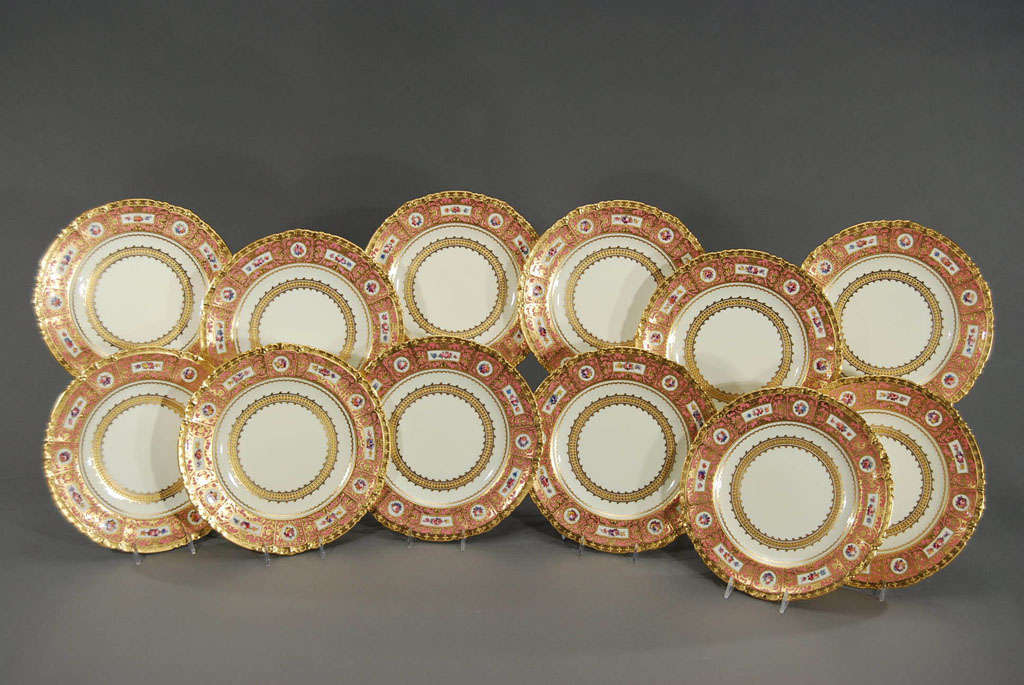 12 Royal Crown Derby Hand Painted Dinner Plates W/ Raised Gold Made for ...