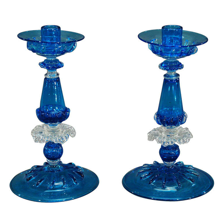 Pair of Moser Hand Blown Crystal Candlesticks with Enamel and Gilt ...
