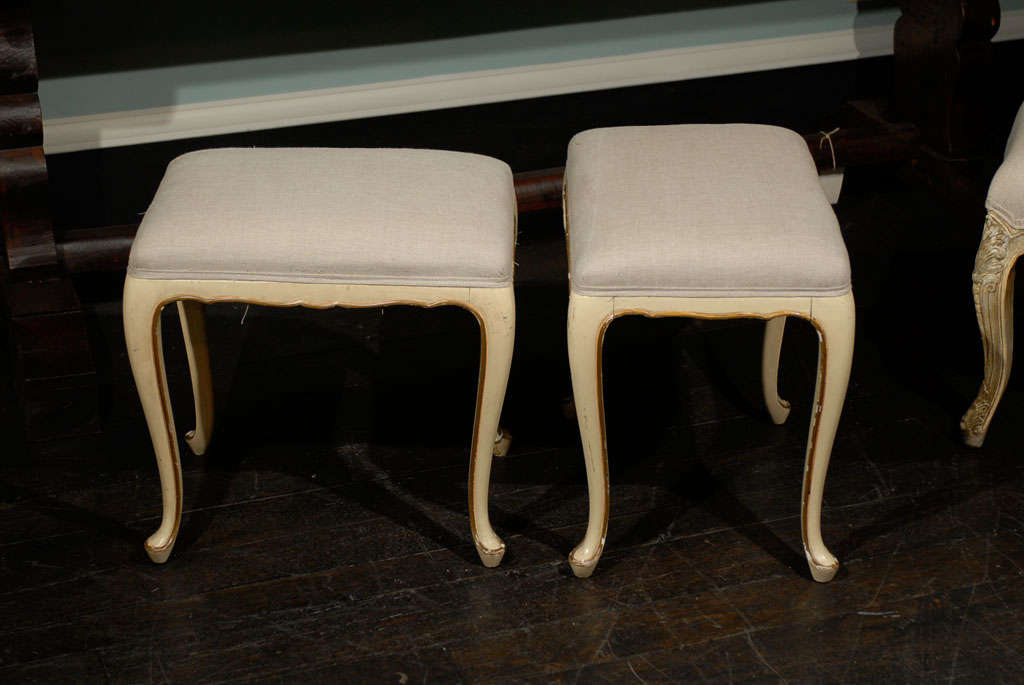A Pair of French Vintage Louis XV Style Painted Stools with Gilt ...