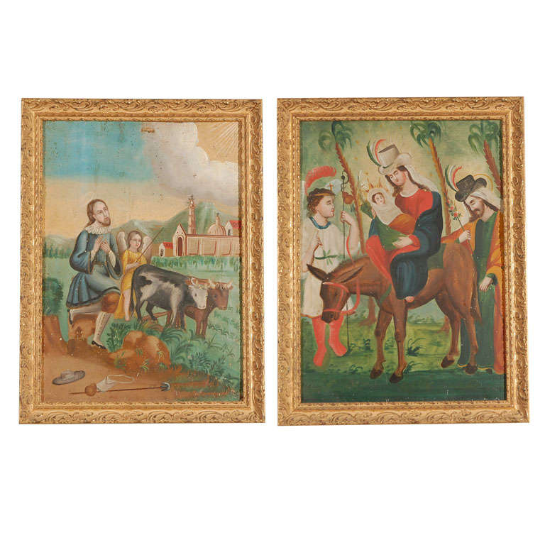 Pair of Spanish Colonial Retablos Painted on Tin at 1stDibs