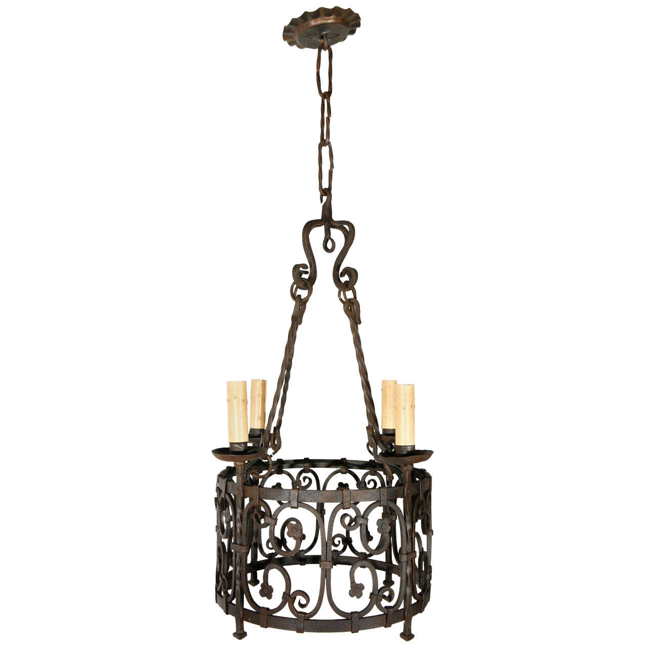 French Iron Round Rustic Chandelier For Sale at 1stDibs
