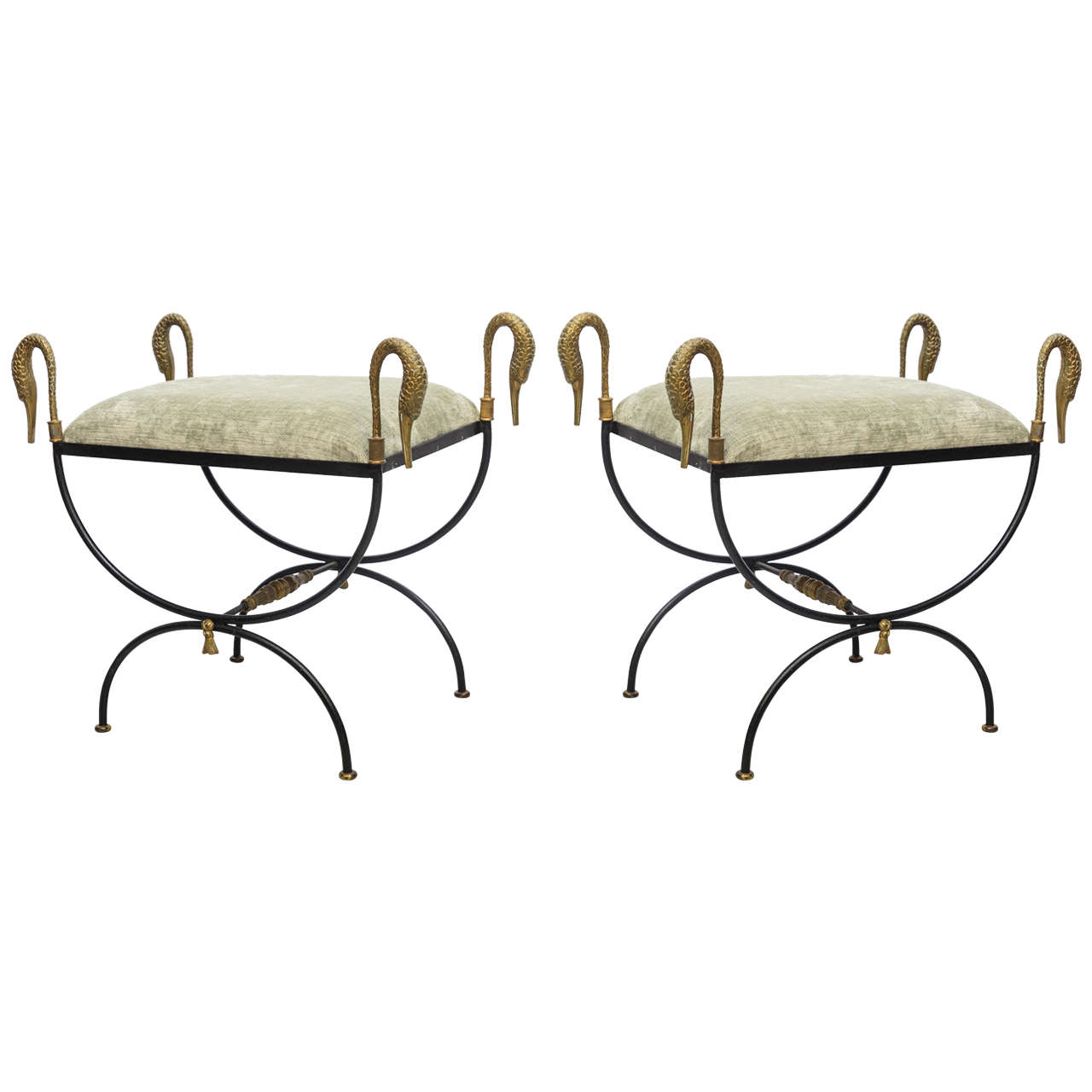 Pair of Neoclassical Iron and Bronze Swan Benches at 1stDibs