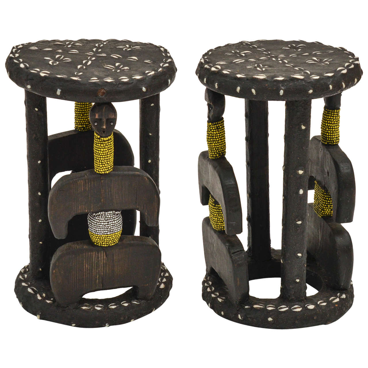 Pair of Carved and Beaded Figural African Stools at 1stDibs