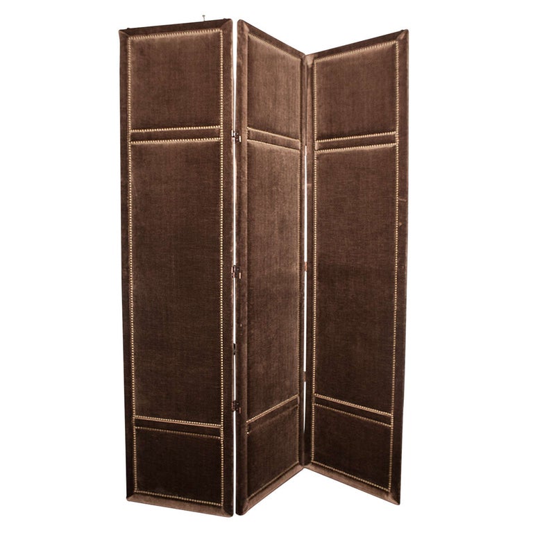 Custom Three-Panel Folding Velvet Screen For Sale at 1stDibs