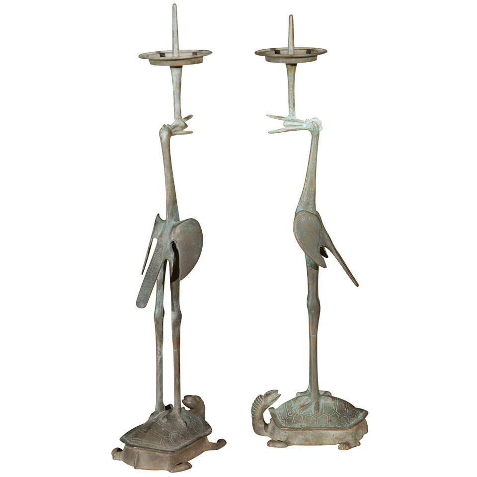 Pair Chinese Bronze Cranes with Tortoise Candle Holders at 1stDibs