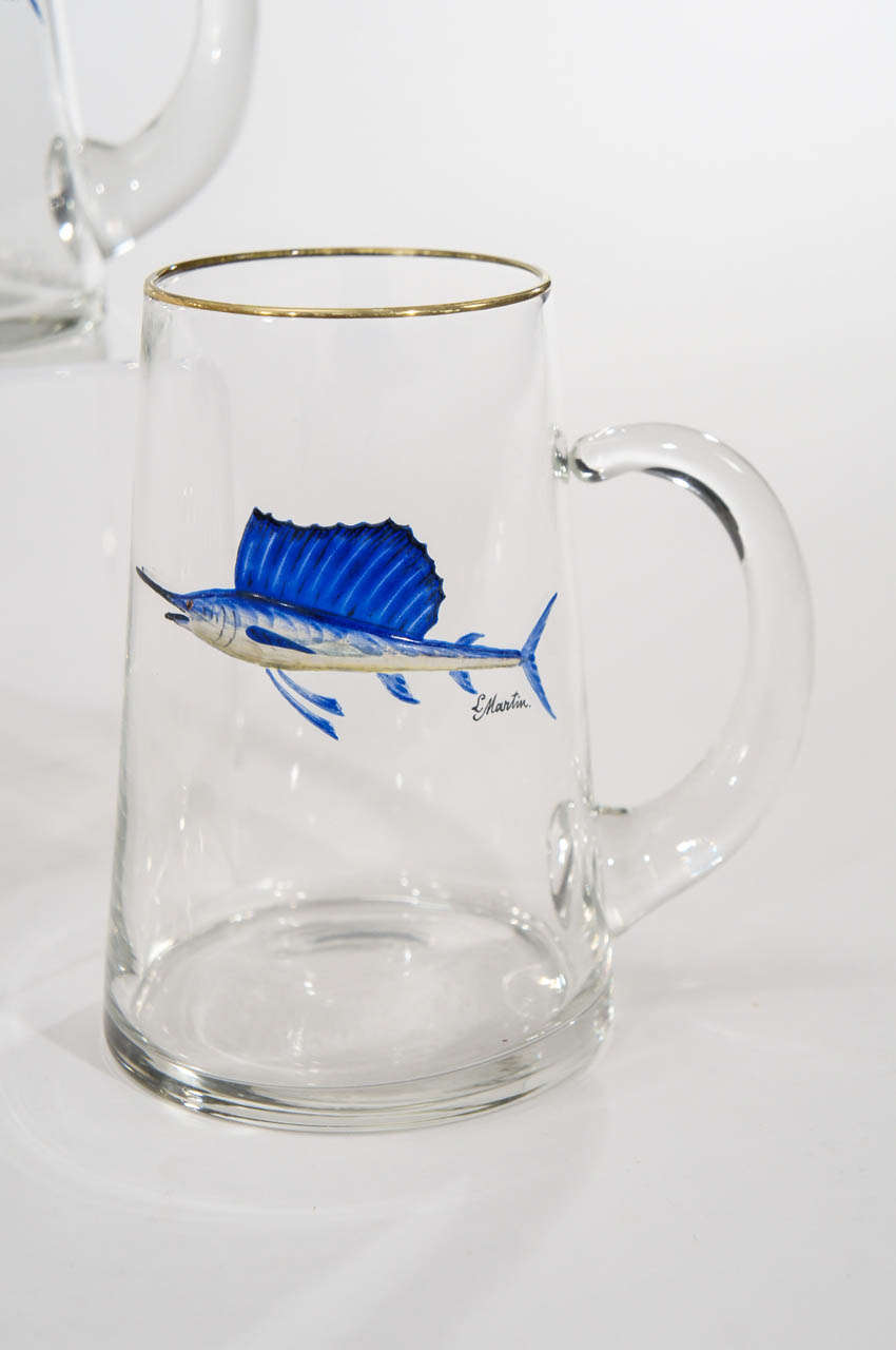 Set of 12 Art Deco Moser/Bohemian Hand Painted, Artist Signed Sailfish ...
