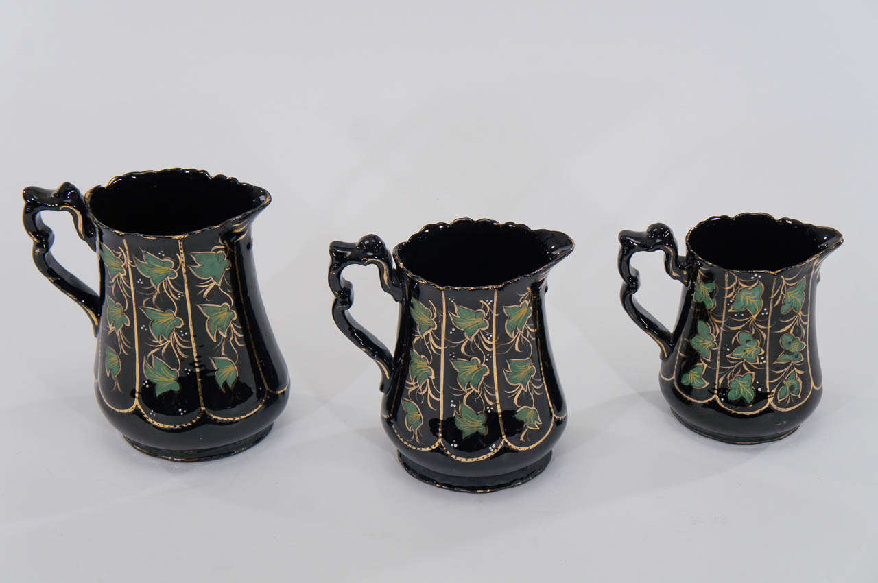 Three 18th Century Jackfield Pitchers with Hand-Painted Ivy and Gilt ...