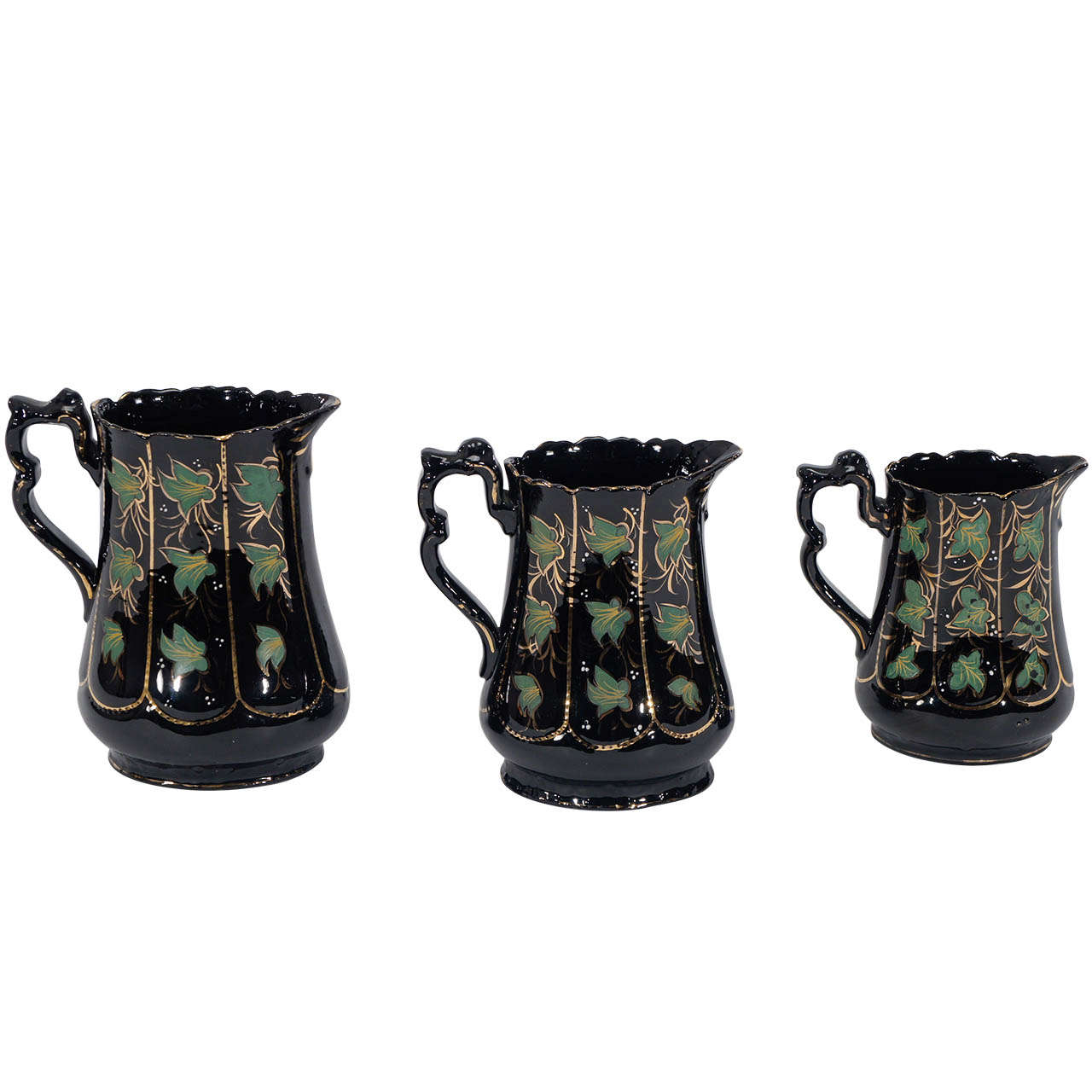 Three 18th Century Jackfield Pitchers with Hand-Painted Ivy and Gilt ...