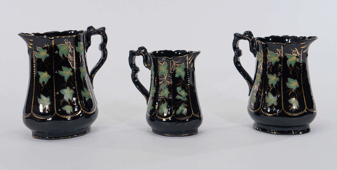Three 18th Century Jackfield Pitchers with Hand-Painted Ivy and Gilt ...