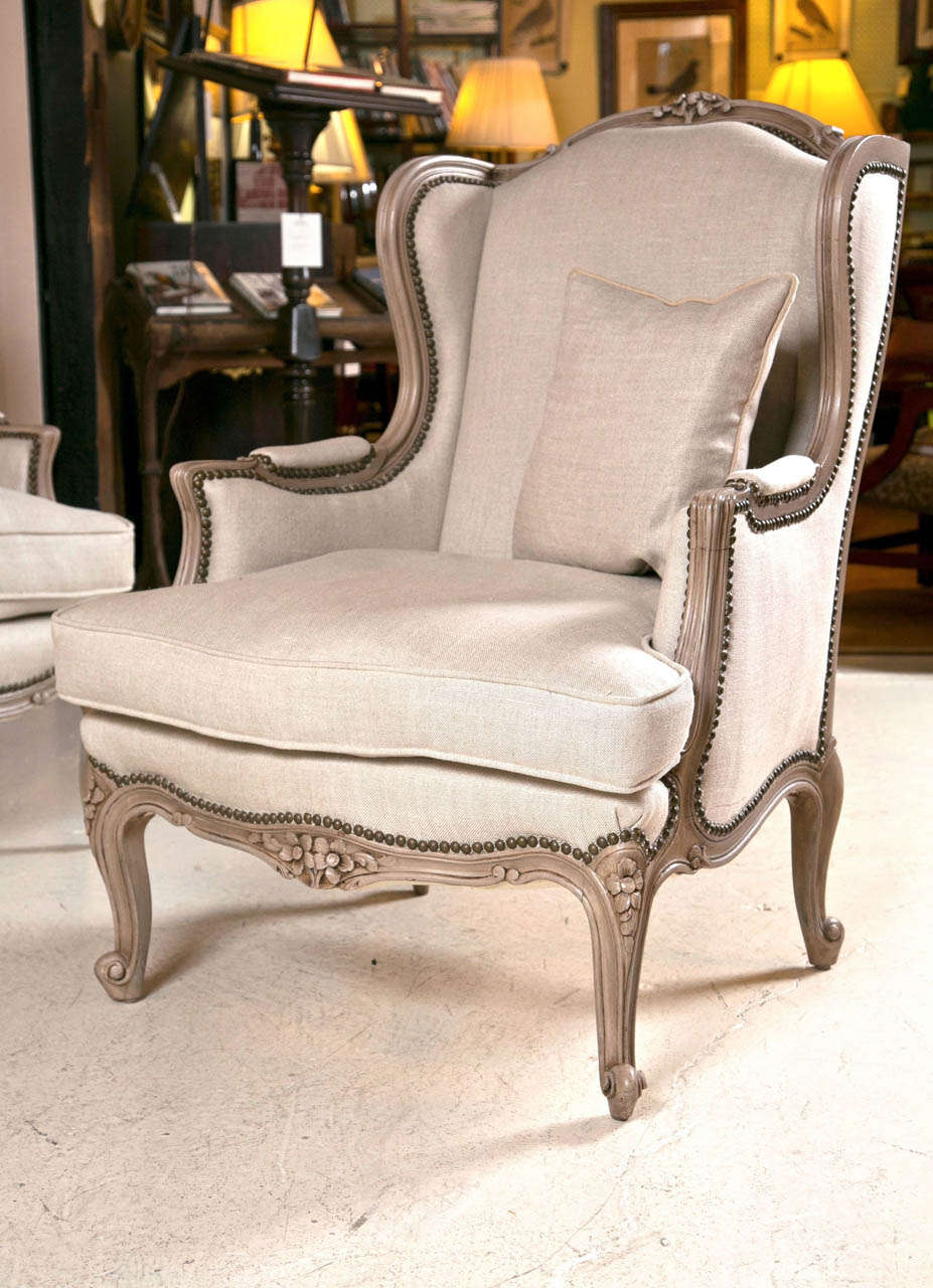 Pair of French Wingback Chairs In Linen Upholstery with Nail Heads at ...