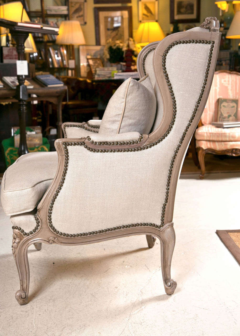 Pair of French Wingback Chairs In Linen Upholstery with Nail Heads at ...