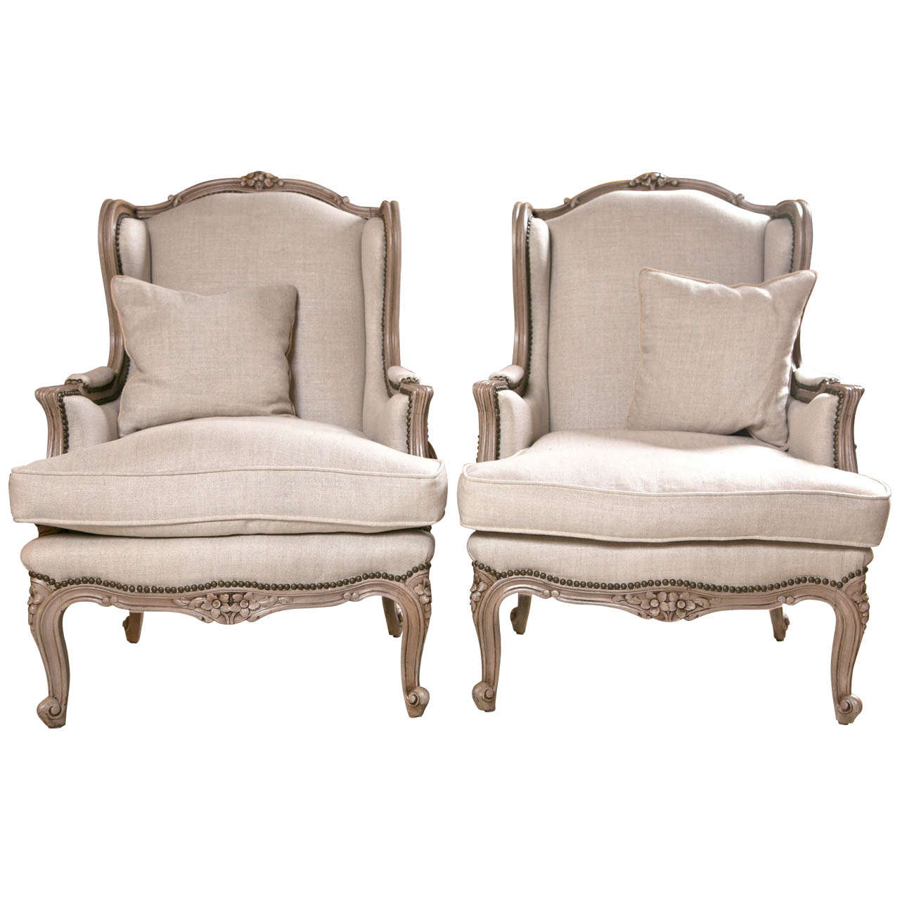 Pair of French Wingback Chairs In Linen Upholstery with Nail Heads at ...