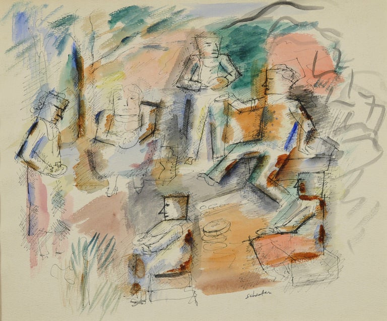 Louis Schanker - Interior Scene with Figures For Sale at 1stDibs