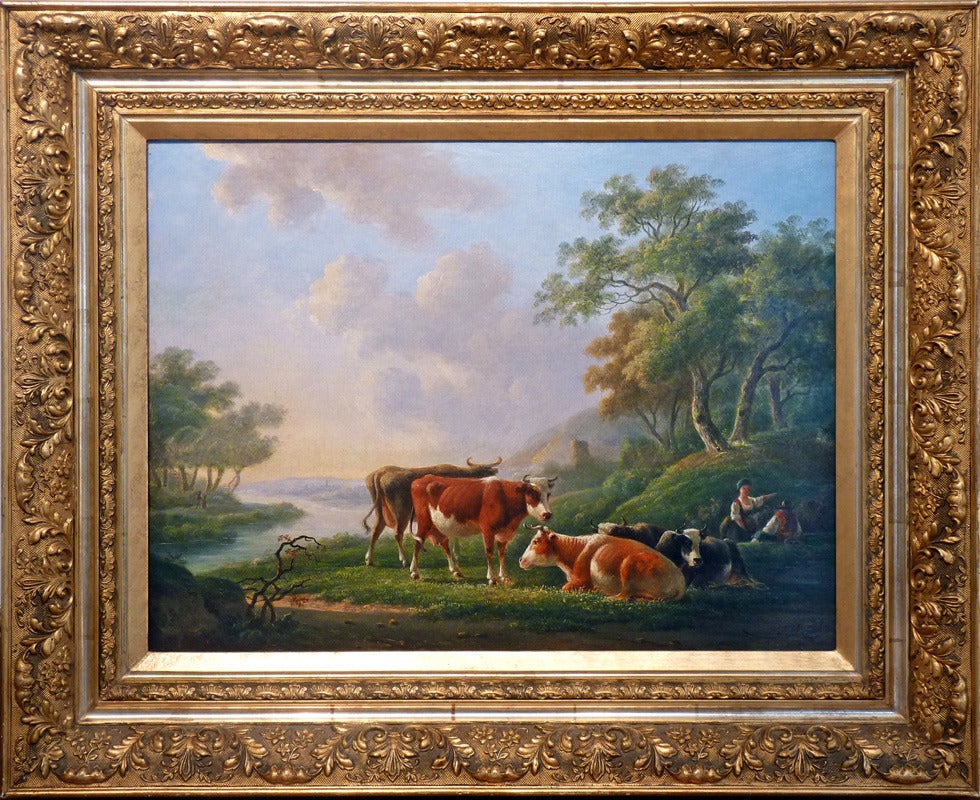 Johannes Bonket - Rural landscape with peasant figures and cattle at a ...