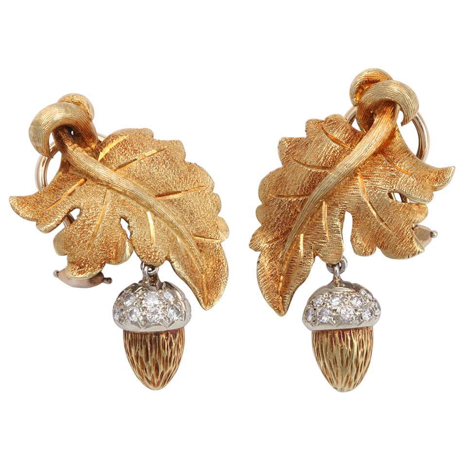 Pair of Granulated Gold and Diamond Acorn Earrings at 1stDibs