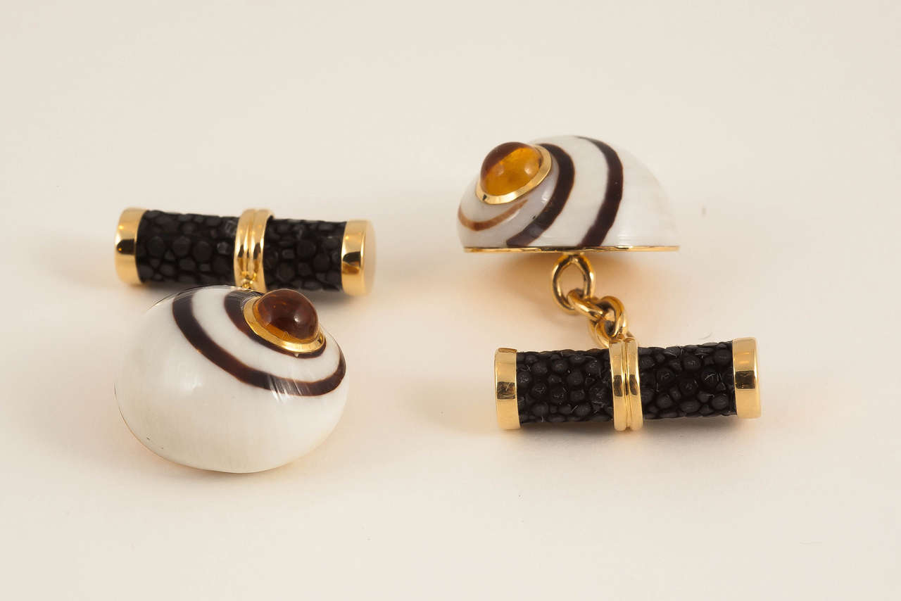 Vintage Trianon Shell Cufflinks, 18 Karat Gold, Citrine and Enamel, USA ...