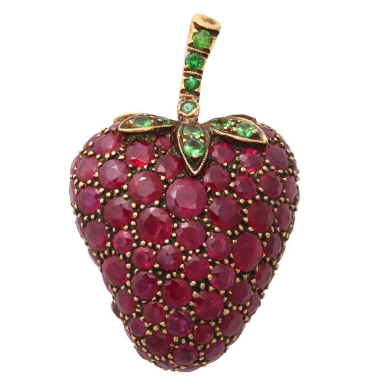 18kt Ruby and Tsavorite Strawberry Brooch at 1stDibs