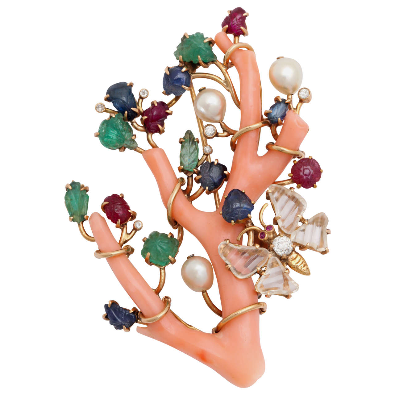 Rare Seaman Schepps Jewelled Coral Branch Brooch at 1stDibs