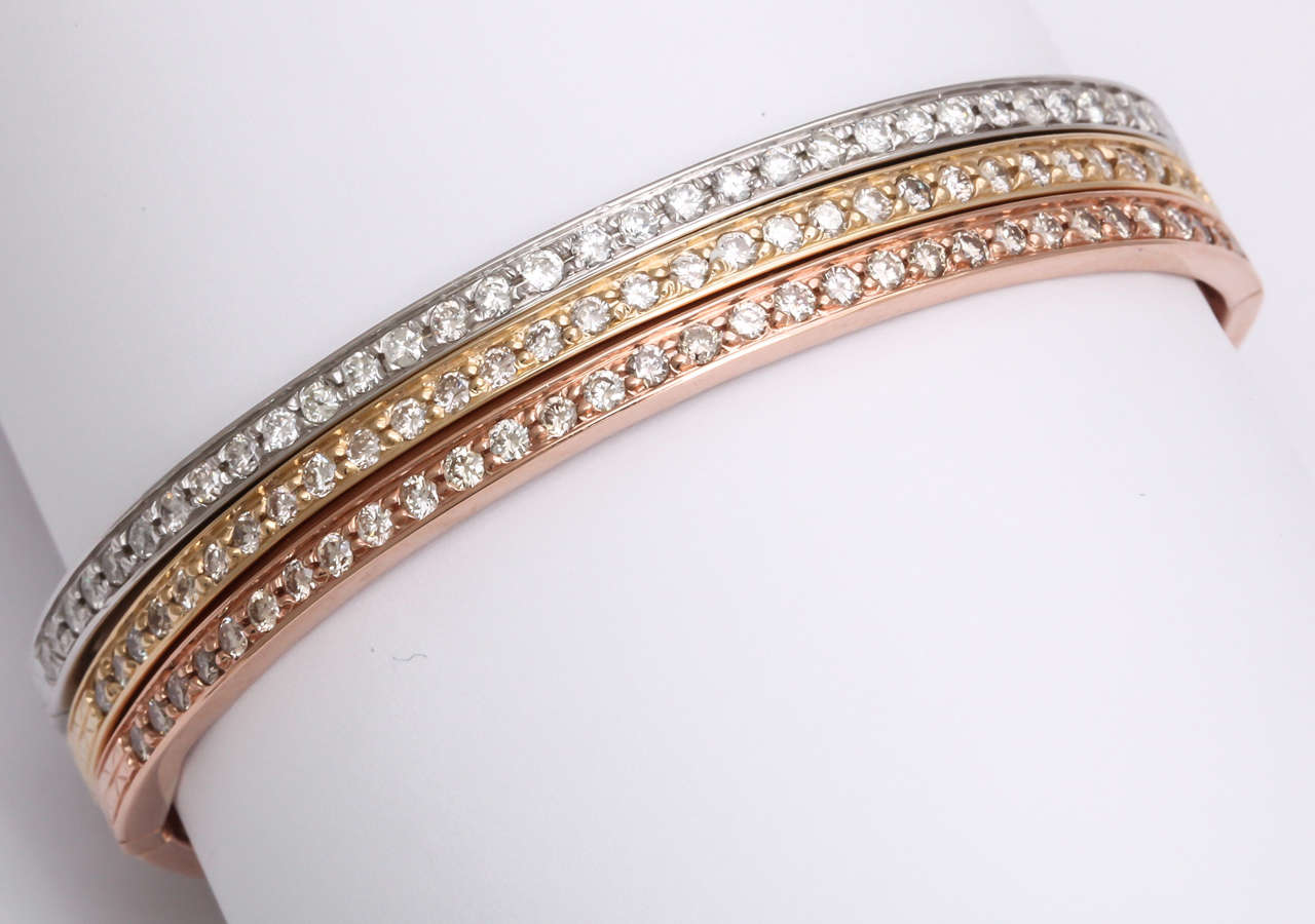 Diamond Tricolor Gold Stackable Bangles For Sale at 1stDibs