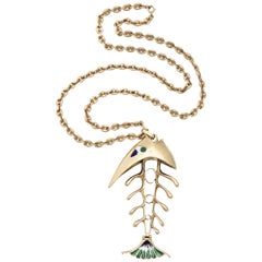 Gold Fish Bone Pendant Necklace - 6 For Sale on 1stDibs