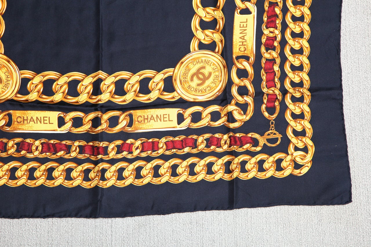 CHANEL ICONIC CHAIN MOTIF SCARF NAVY at 1stDibs | chanel chain scarf