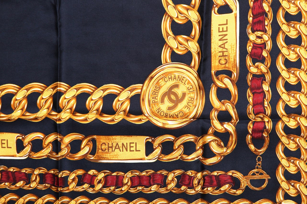 CHANEL ICONIC CHAIN MOTIF SCARF NAVY at 1stDibs | chanel chain scarf