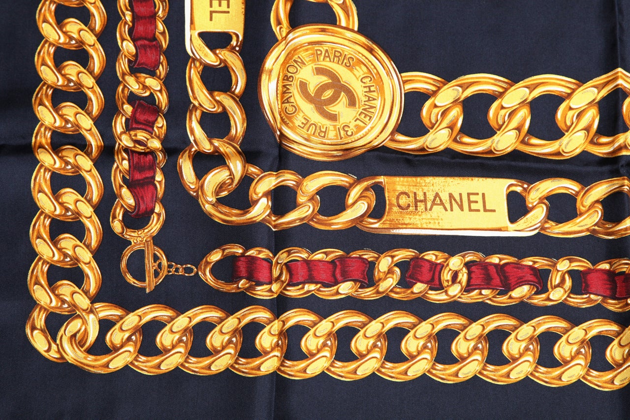 CHANEL ICONIC CHAIN MOTIF SCARF NAVY at 1stDibs | chanel chain scarf