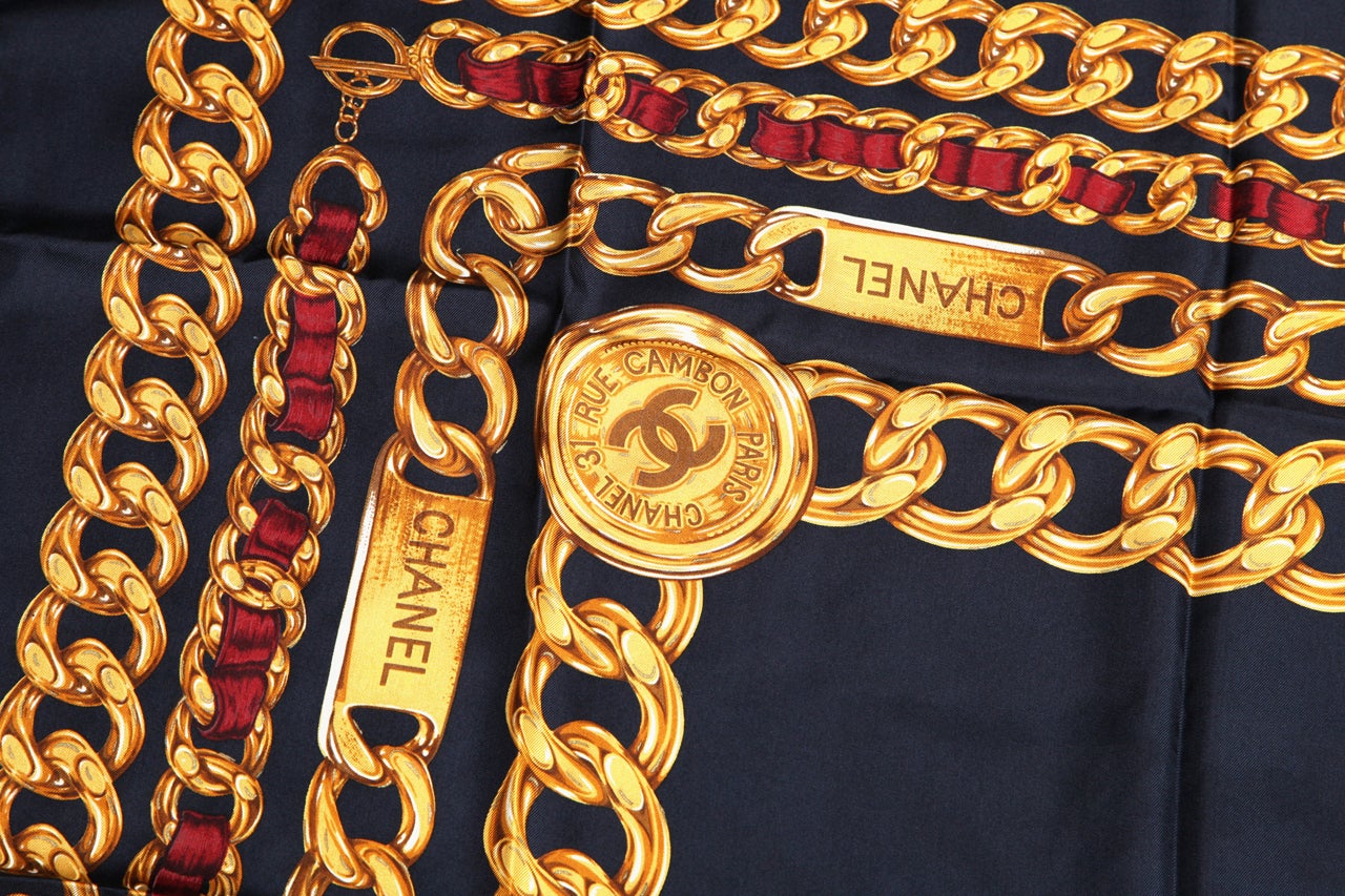 CHANEL ICONIC CHAIN MOTIF SCARF NAVY at 1stDibs | chanel chain scarf