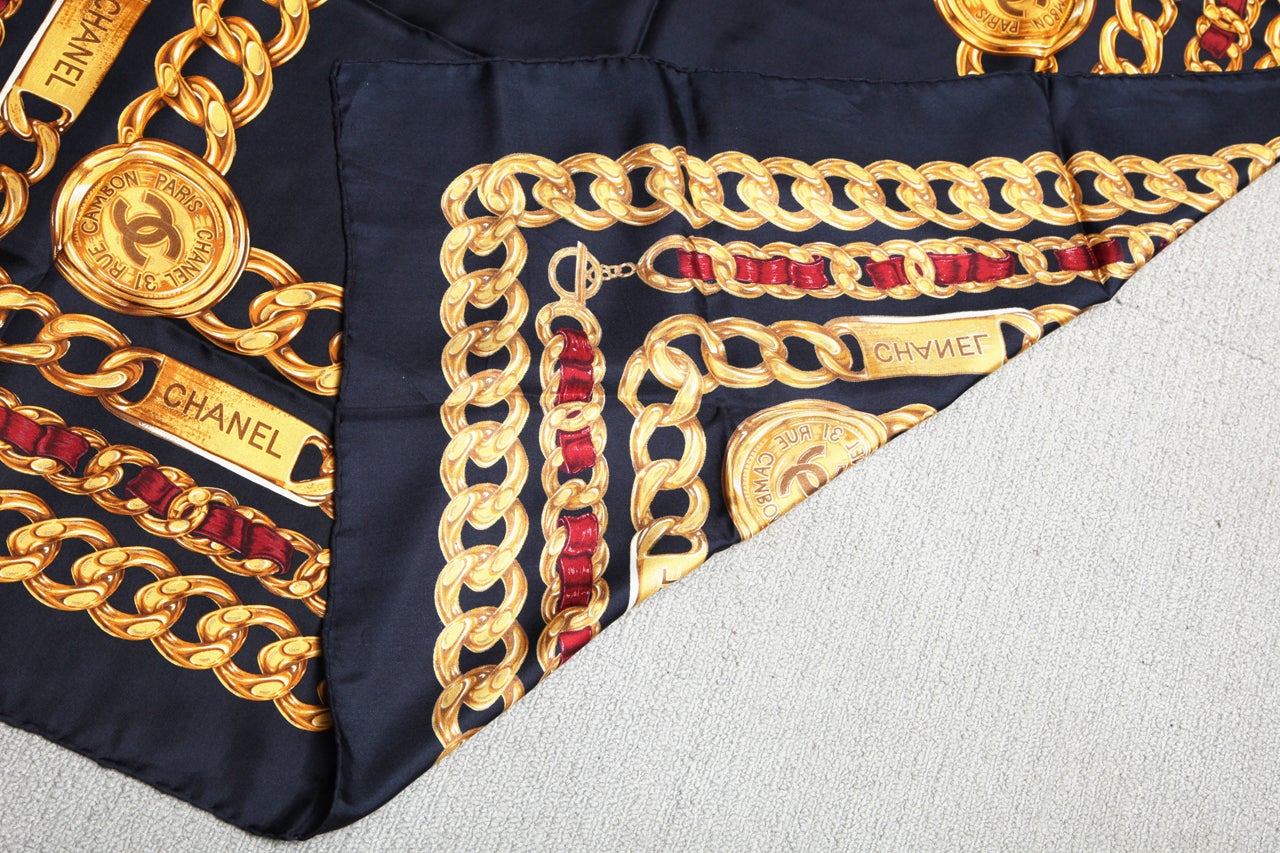 CHANEL ICONIC CHAIN MOTIF SCARF NAVY at 1stDibs | chanel chain scarf
