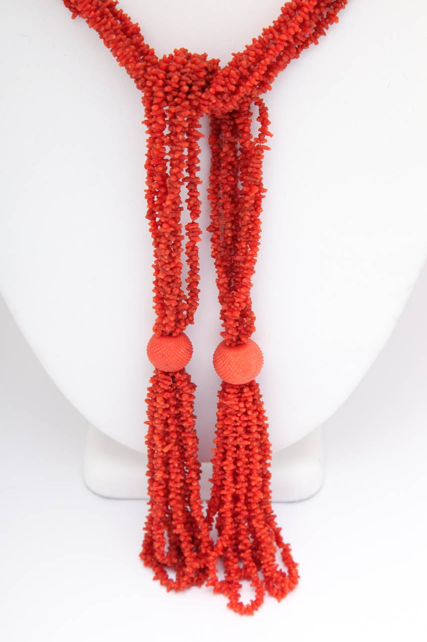 Antique Georgian Hand-Carved Natural Coral Bead Tassel Lariat For Sale ...