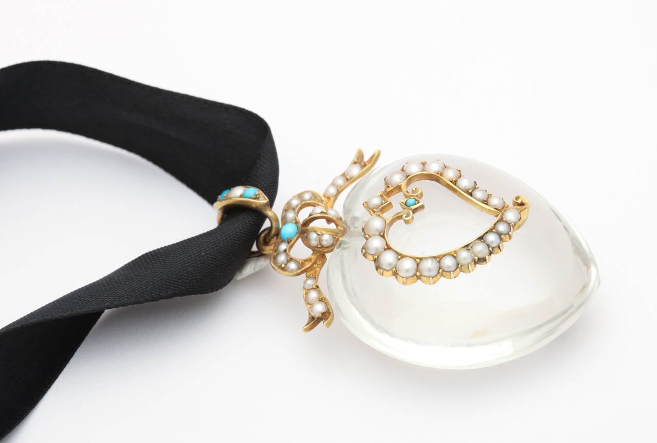 Victorian Pure Rock Crystal Natural Pearl Turquoise Double Heart ...
