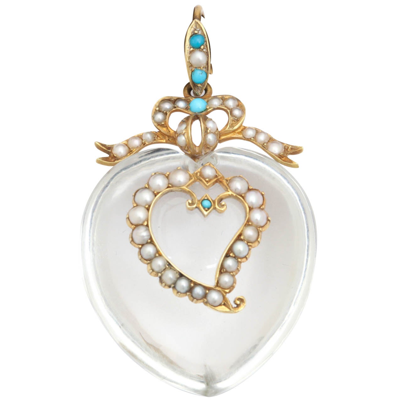 Victorian Pure Rock Crystal Natural Pearl Turquoise Double Heart ...