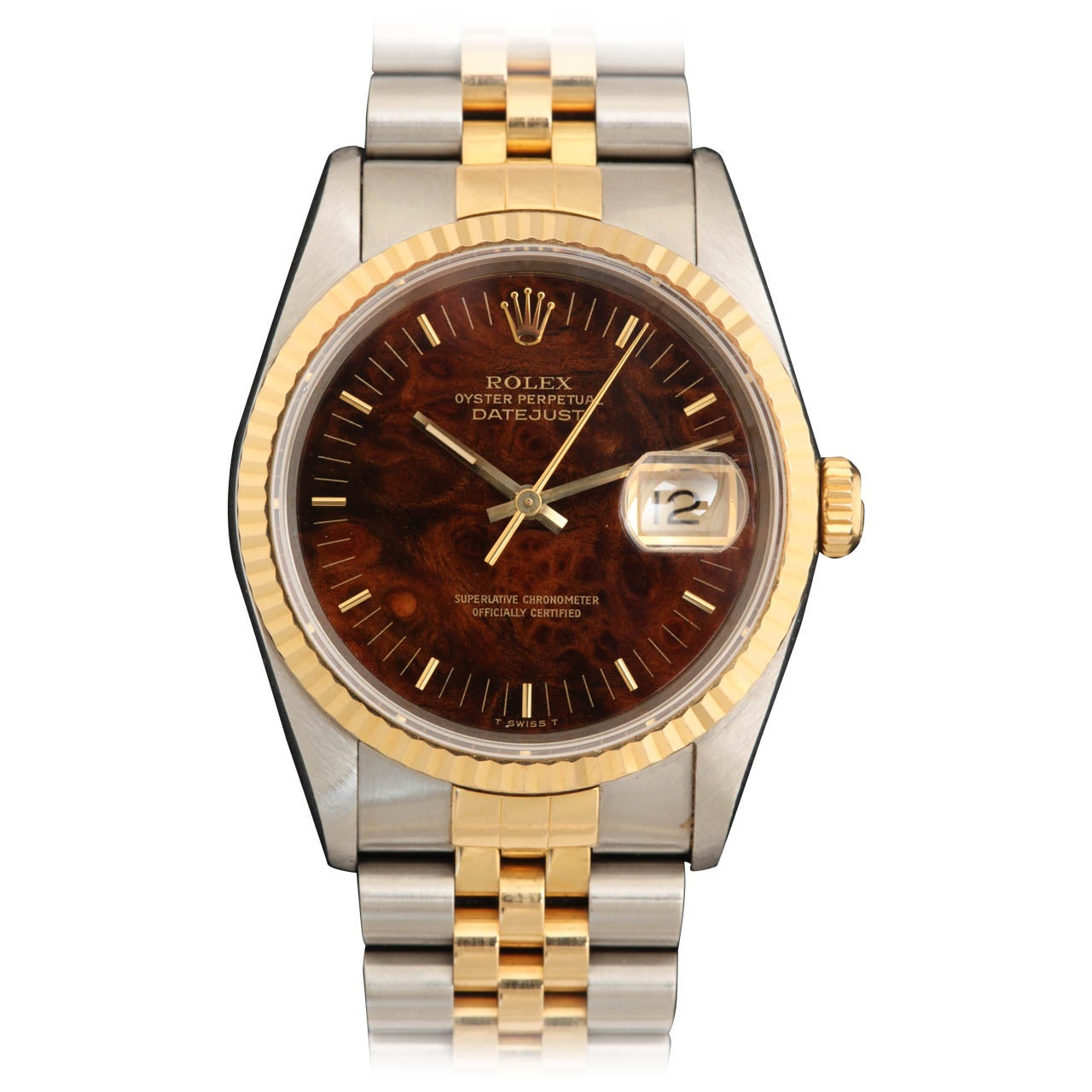 Rolex 18kt Gold and Steel Datejust Wristwatch with Burl Wood Dial at ...