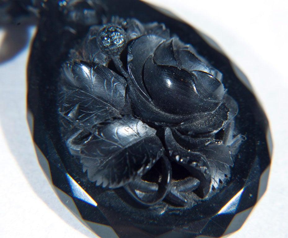 Victorian Carved Jet Floral High Relief Pendant For Sale at 1stDibs