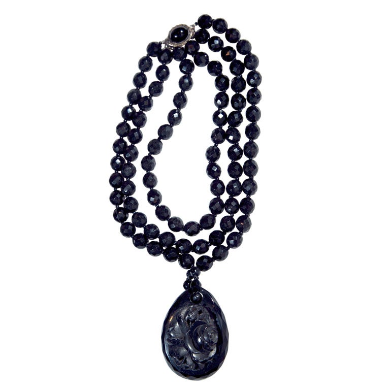 Victorian Carved Jet Floral High Relief Pendant For Sale at 1stDibs