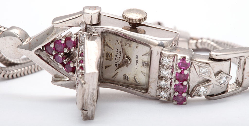 Retro Covered Ladies White Gold Diamond Ruby Evening Dress Watch by ...