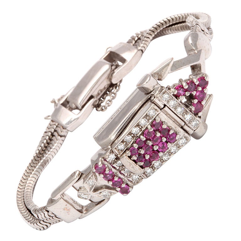 Retro Covered Ladies White Gold Diamond Ruby Evening Dress Watch by ...