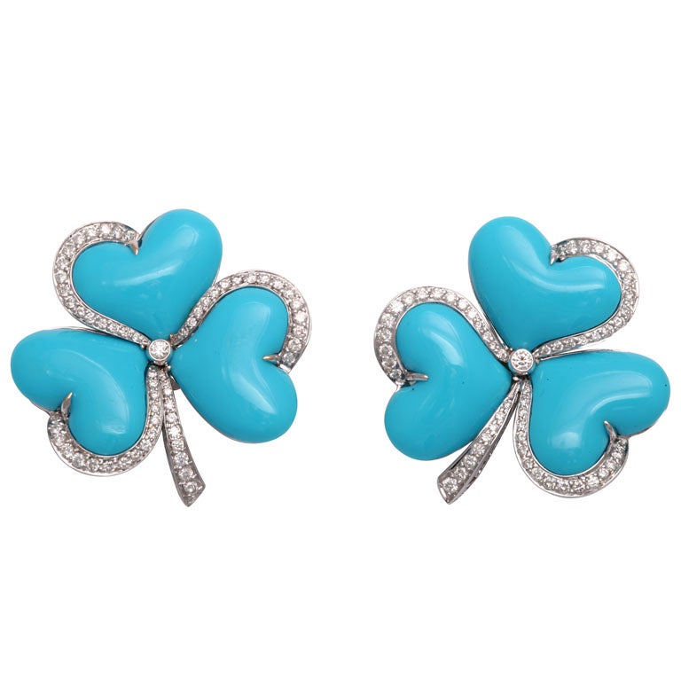 Impressive Turquoise Diamond Gold Clover Earrings For Sale (Free ...