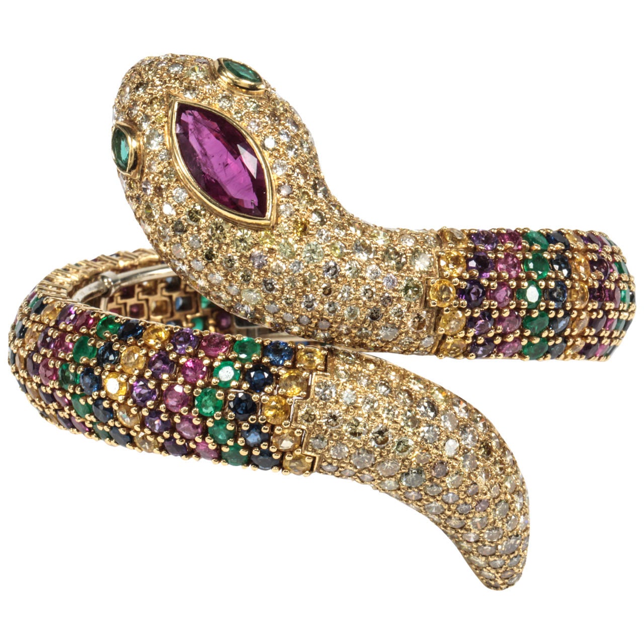 Multi Gem-Set Gold Snake Bangle by Demner For Sale at 1stDibs