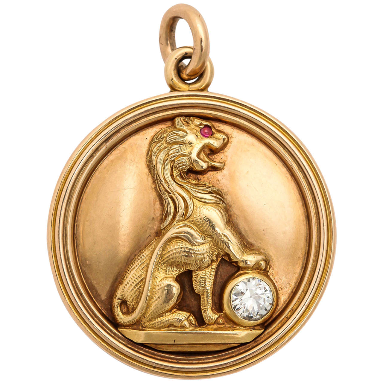 1880s Victorian Gold Lion Resting His Paw on a Diamond Double-Sided ...