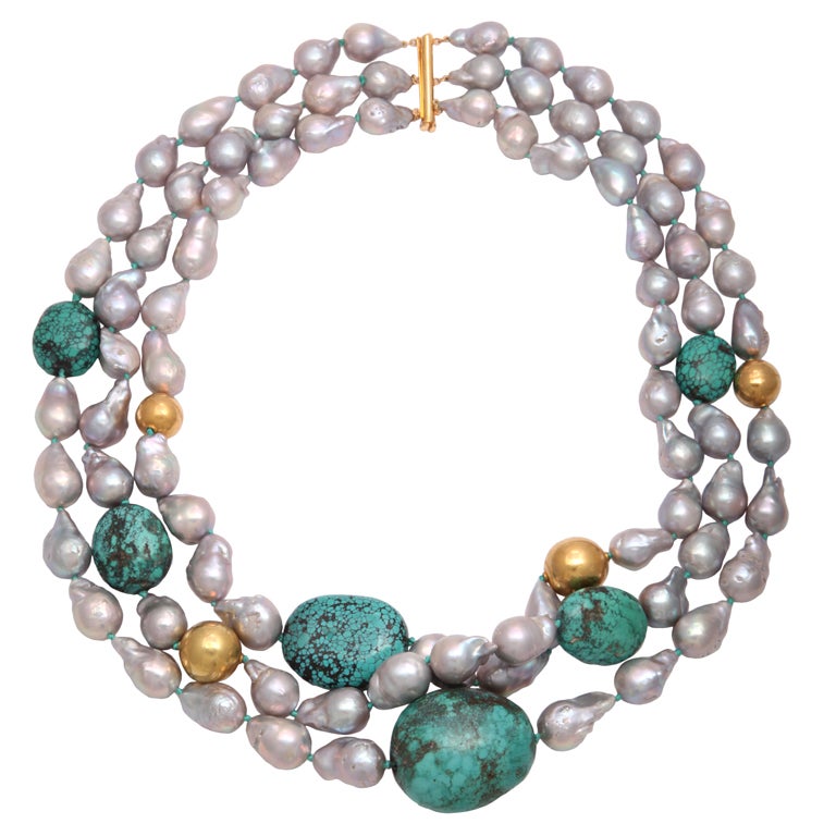 Grey Pearl and Turquoise Necklace For Sale at 1stDibs