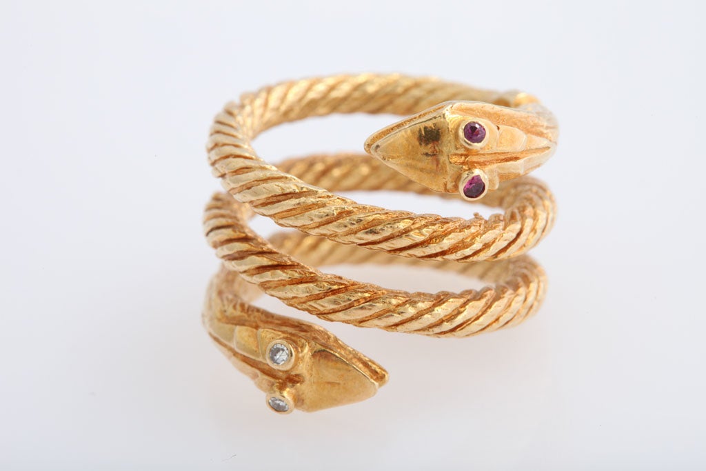 Wide Coiled Snake Ring with Two Heads at 1stDibs