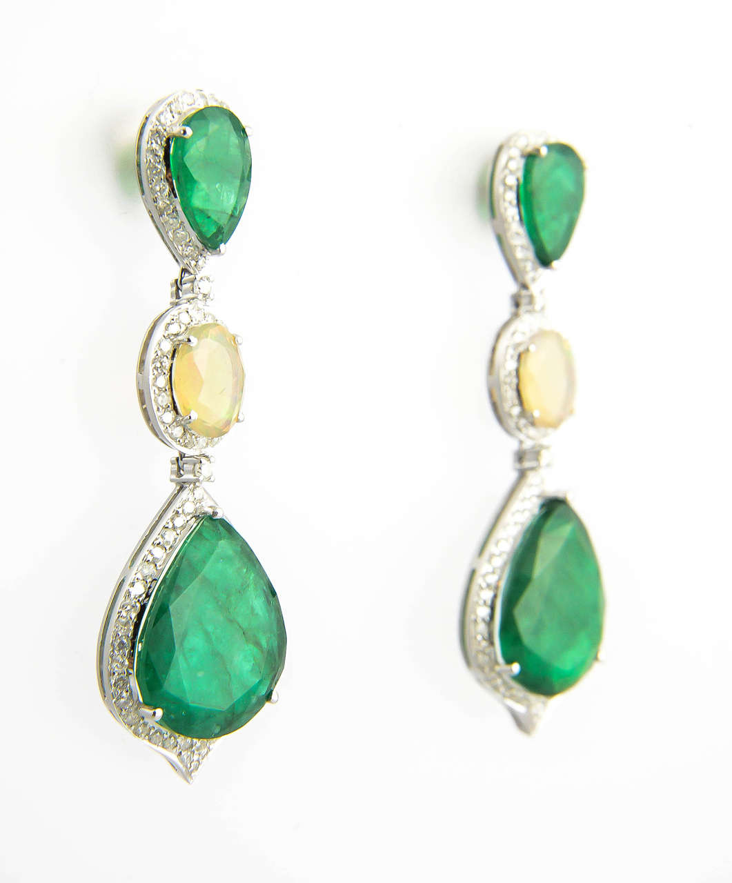 Red Carpet Style Long Emerald Opal Diamond Gold Earrings For Sale at ...