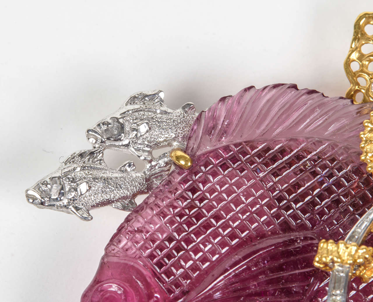 Spectacular Pink Tourmaline Diamond Gold Fish Pin For Sale at 1stDibs