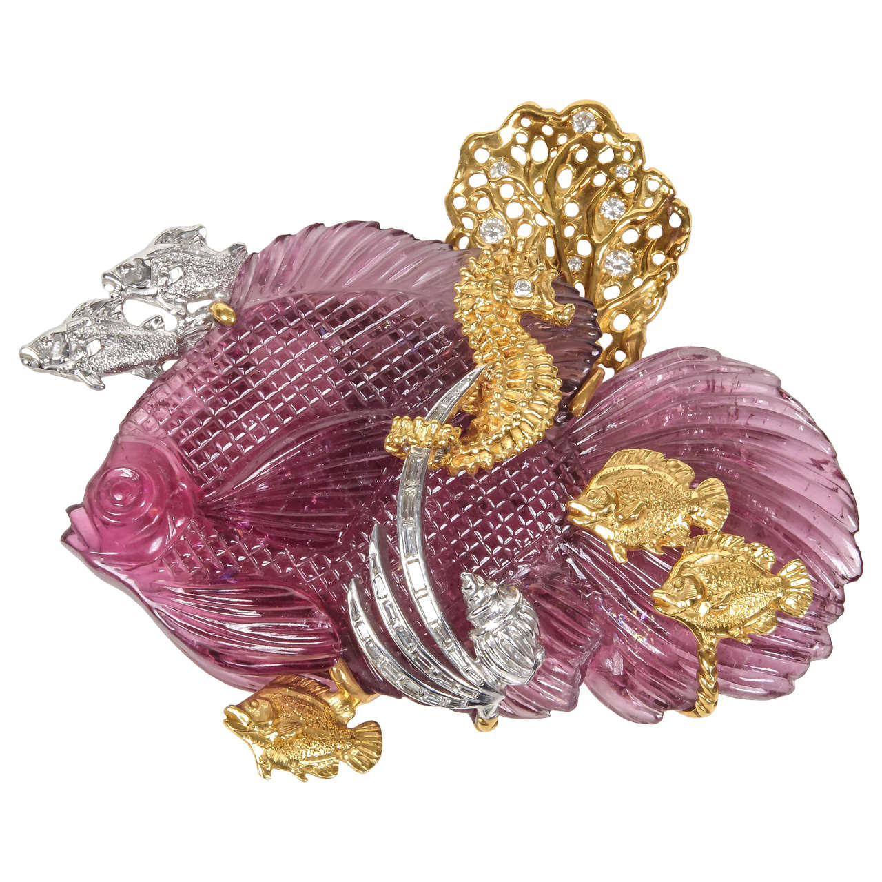 Spectacular Pink Tourmaline Diamond Gold Fish Pin For Sale at 1stDibs