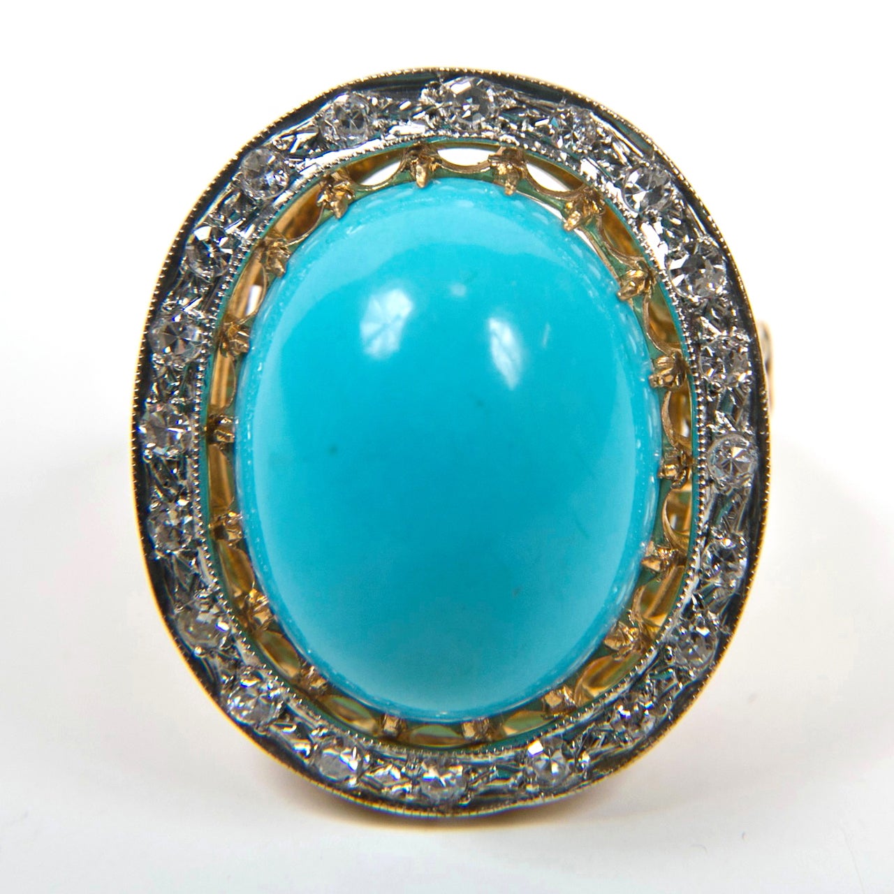 Large Turquoise Stone in Diamond Surround and Gold Ring Presented by ...