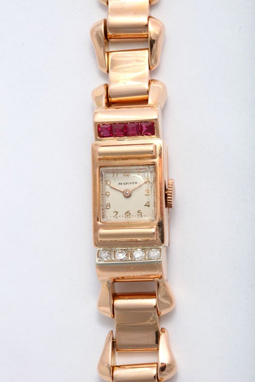 Marvin Ladies Pink Gold Diamond Synthetic Rubies Retro Wristwatch ...