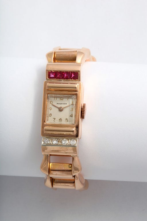 Marvin Ladies Pink Gold Diamond Synthetic Rubies Retro Wristwatch ...