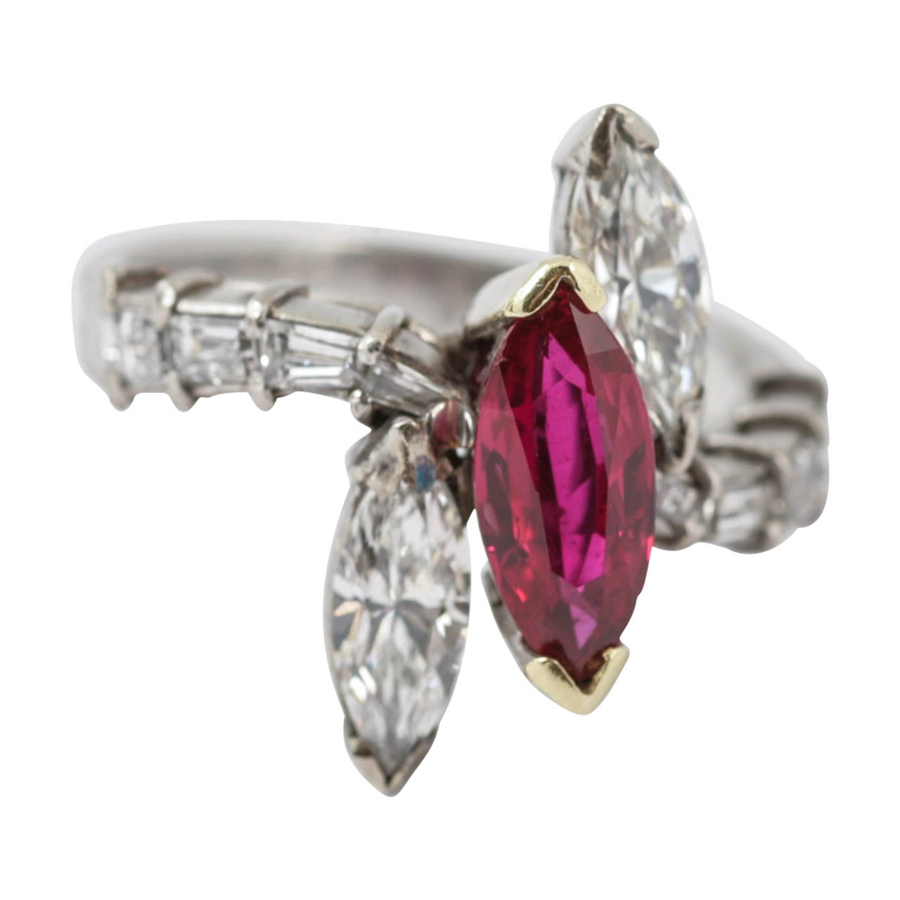 Marquise Shaped Ruby Diamond Three Stone Ring at 1stDibs