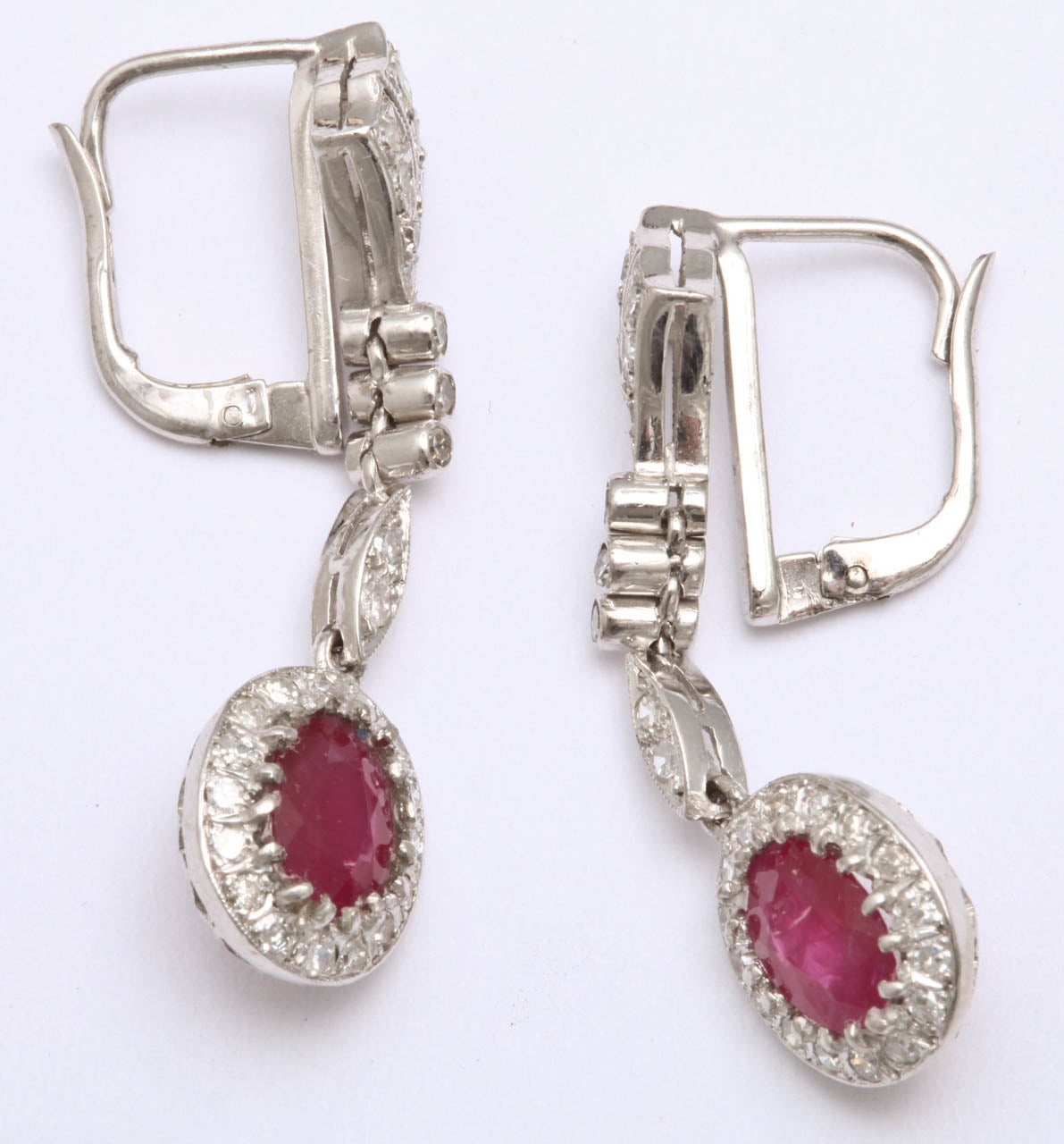 1940s Ruby Diamond White Gold Drop Dangle Earrings at 1stDibs